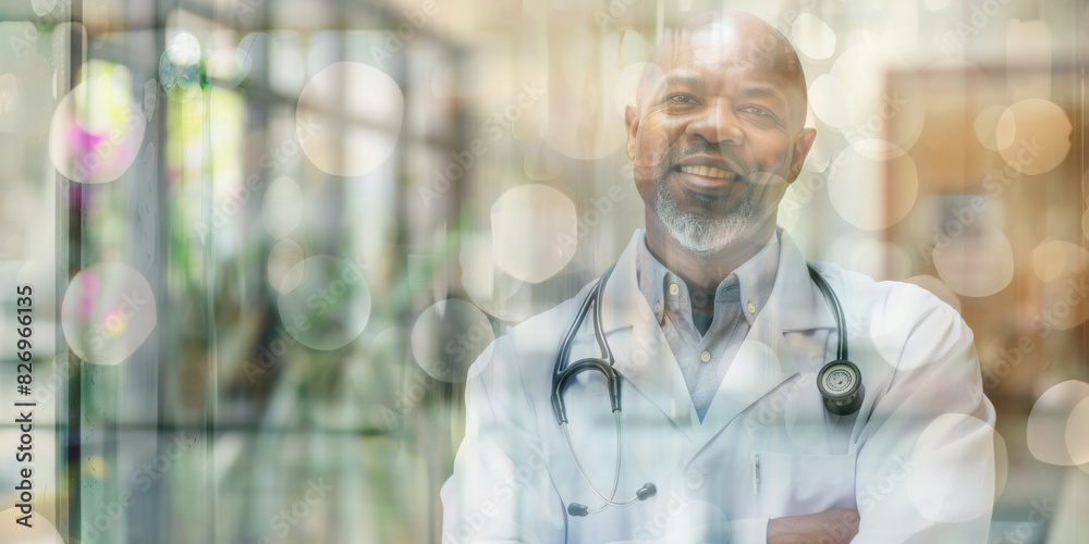 Foto de Smiling male doctor with arms crossed, standing confidently in ...