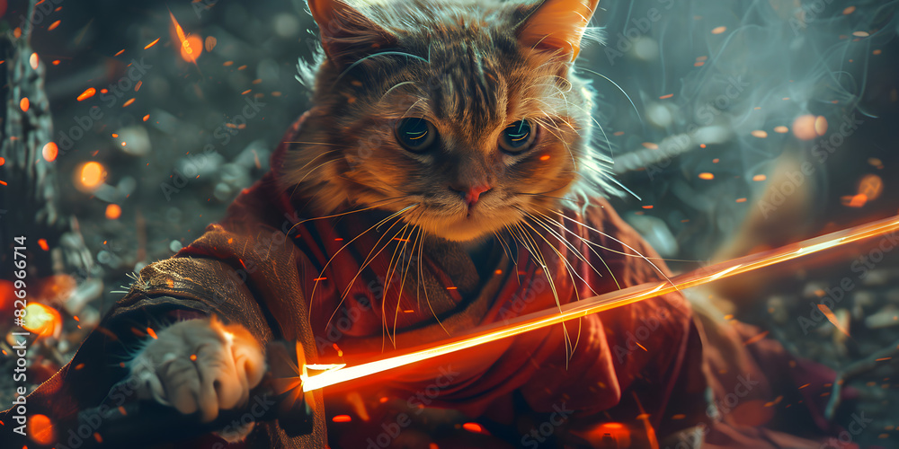 Fantasy Cat Character in Outfit and Glowing Sword Adventure Scene, Cat ...