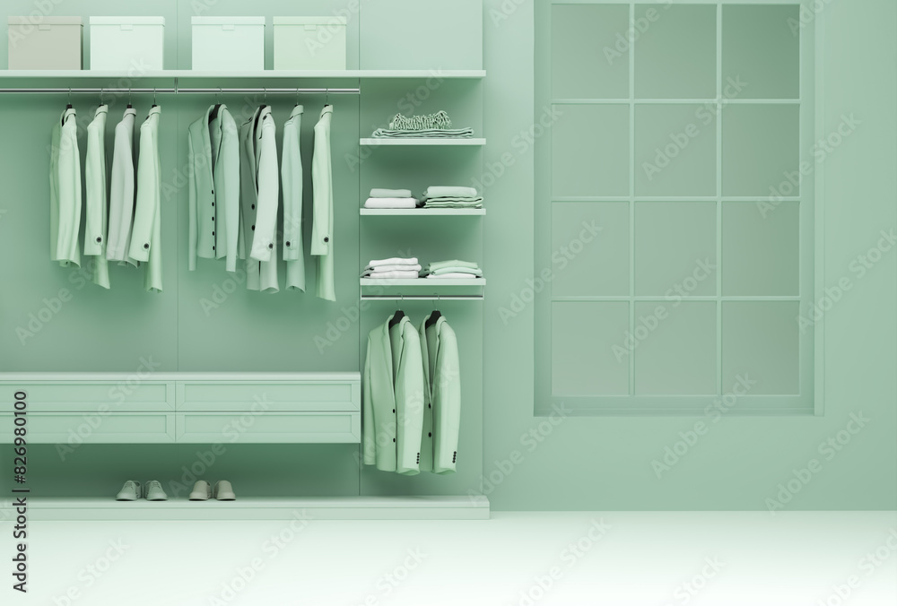 Modern scandinavian white walk in closet with wardrobe. Men Clothes on ...