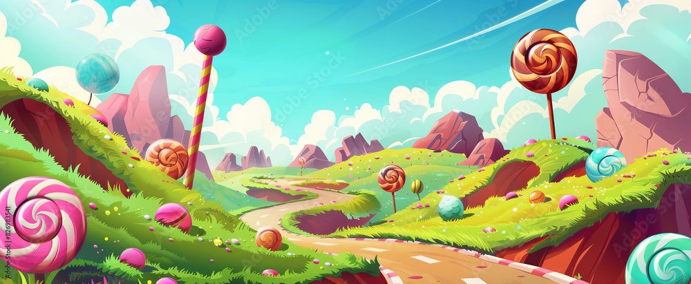 ภาพประกอบสต็อก Candy land game background. Vector cartoon illustration ...