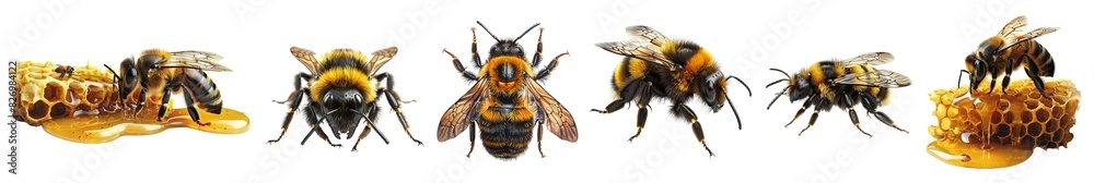 A row of bees are shown in various positions, with some standing#01 ...