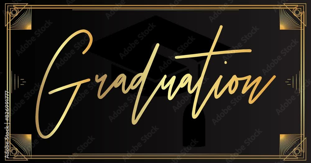 Black and gold Graduation animation. Vintage party invitation ...