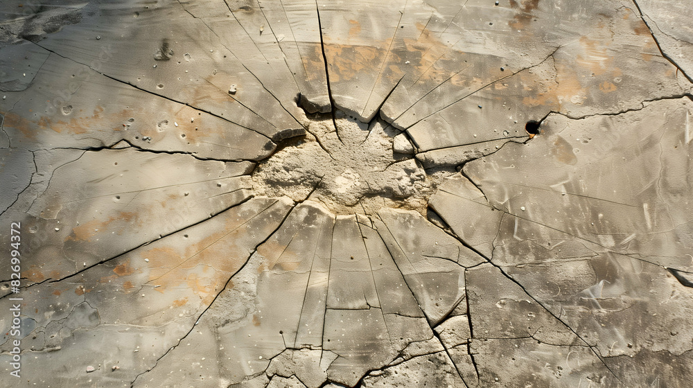 Cracked Concrete Surface with Radiating Fractures, A close-up view of a ...