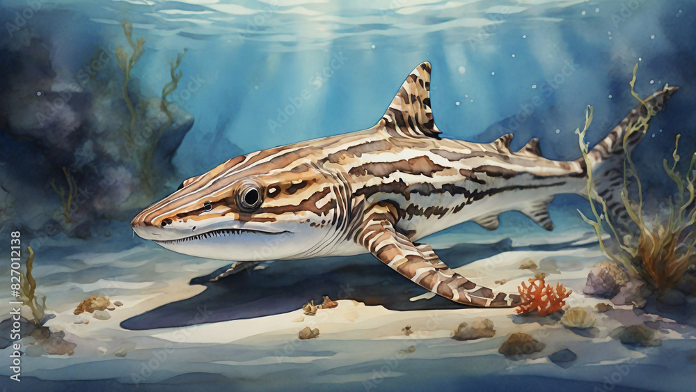 Watercolor painting: A zebra shark resting on the ocean floor, its bold ...