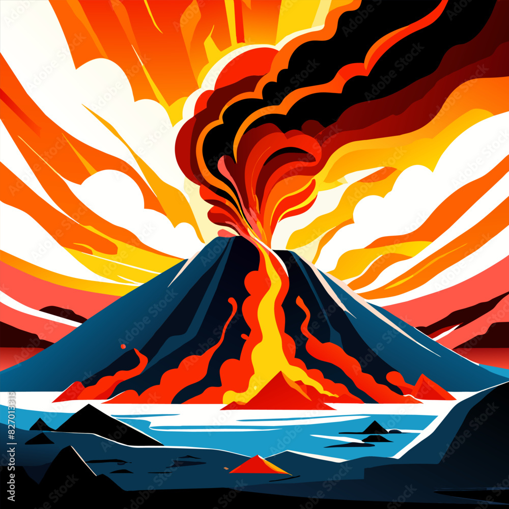 magnificent volcano eruption explosion and lava flow under the heavy ...