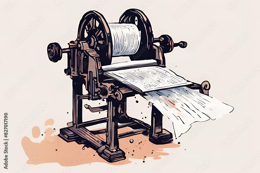 water color Simple graphic line illustration of printing press with ...