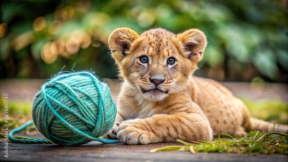Baby lion cub playing with a ball of yarn, emulating human behavior ...