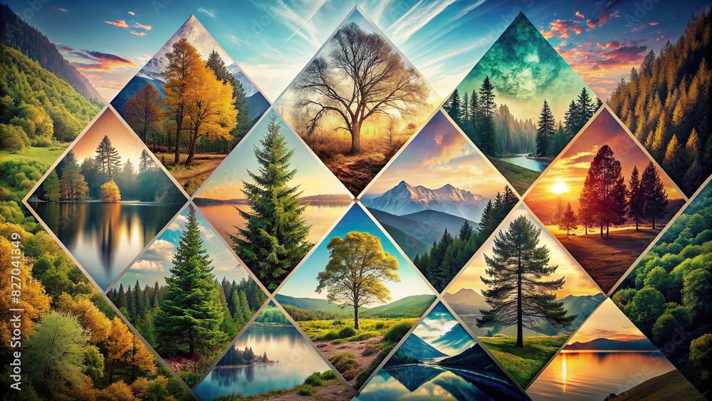 Collage artwork of nature images with trees and geometric shapes, a ...