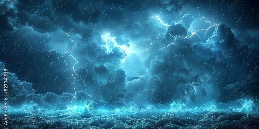 Dramatic thunderstorm with lightning and rain over dark clouds ...