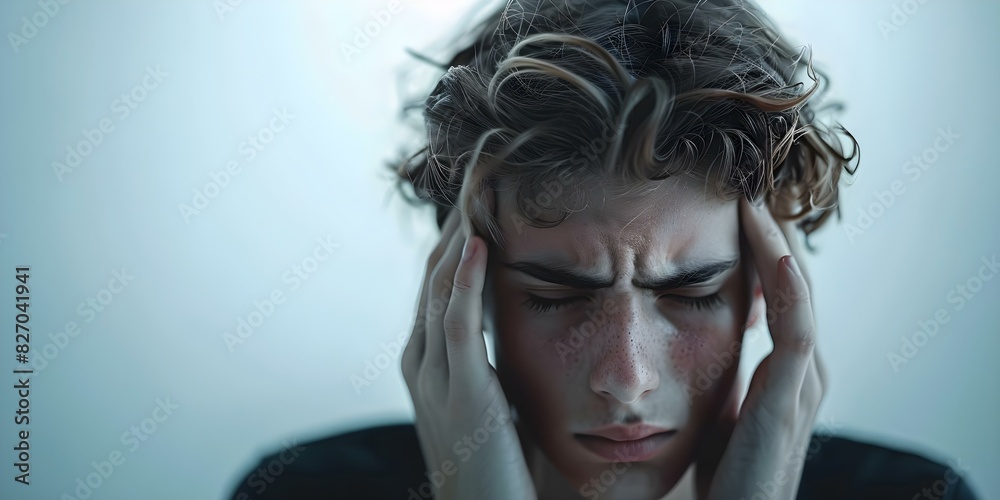 Student experiencing stress and headache while holding head in hands ...