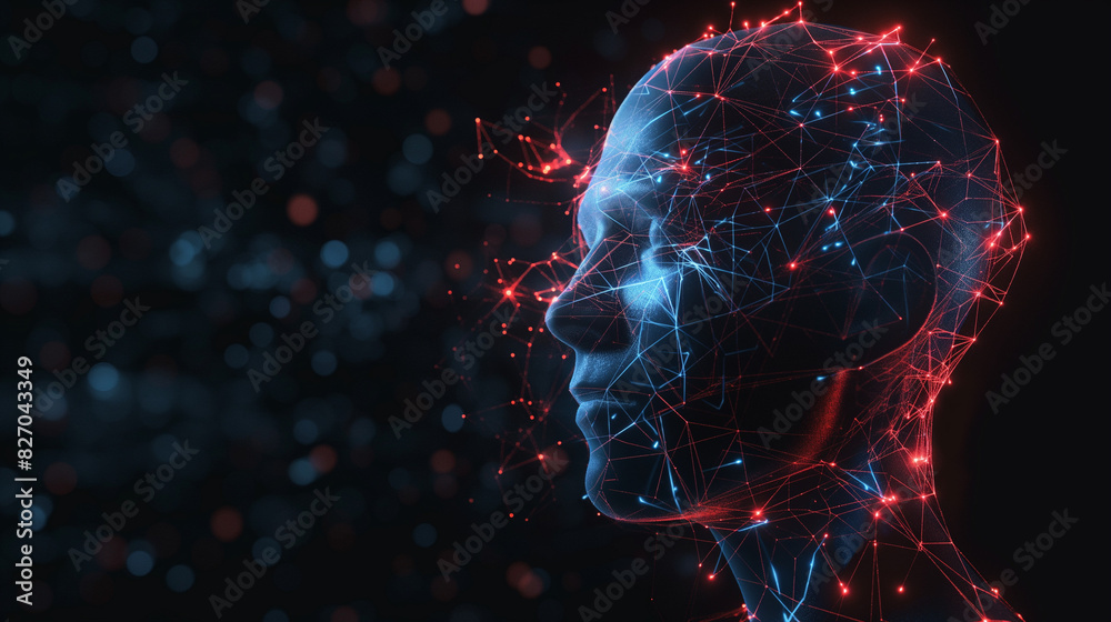 A human head with neural connections, with glowing red and blue wires ...