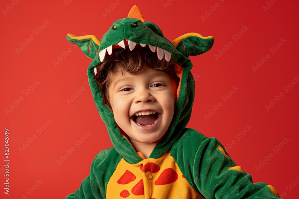 boy in a dinosaur costume solid red background. He is making a roaring ...