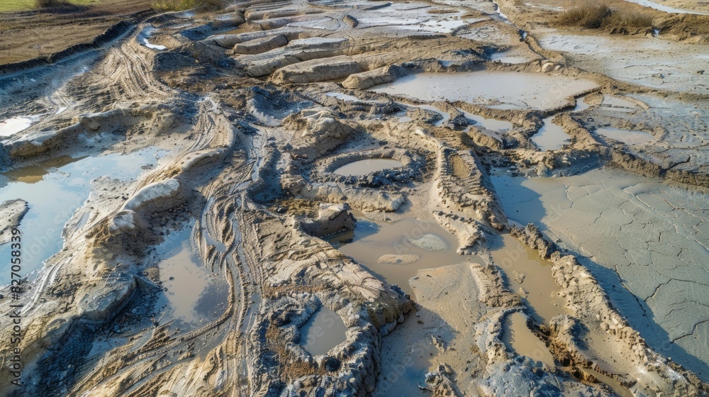 Aerial view of a vast mud pot field with different shades and patterns ...