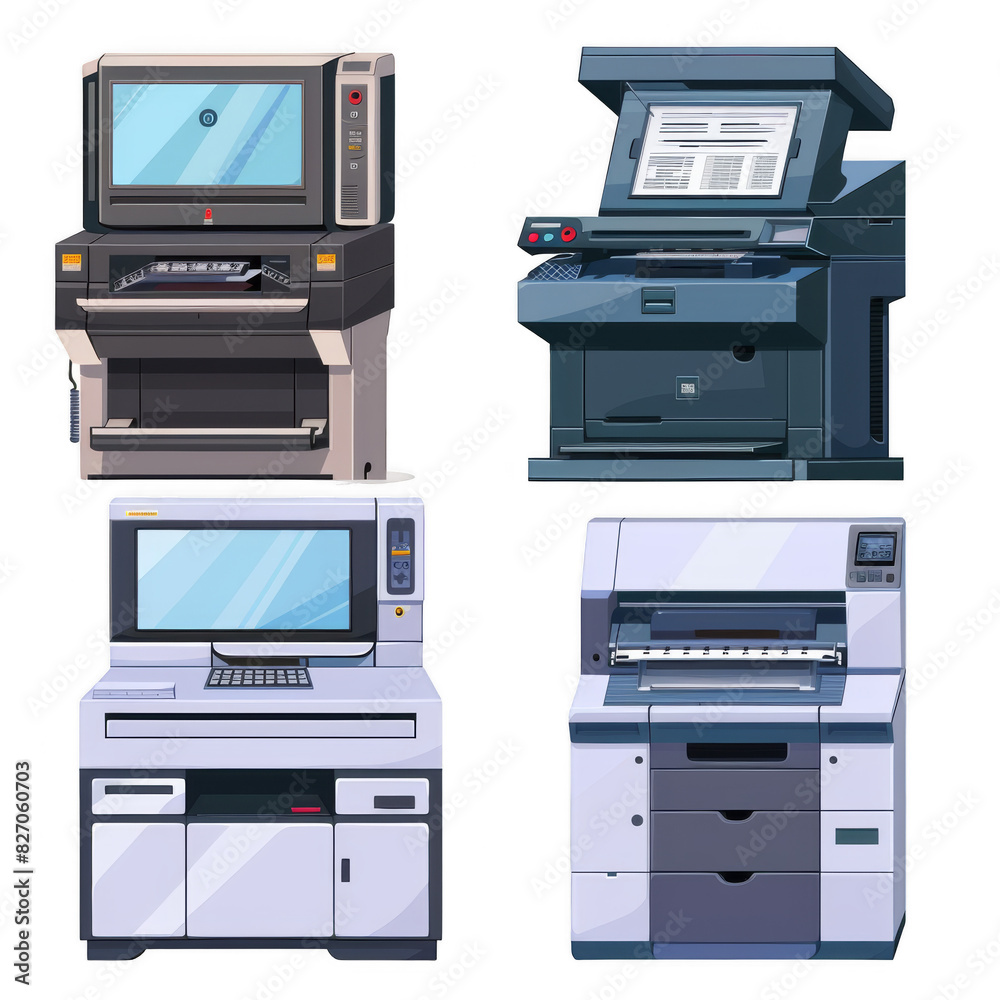 A set of illustrations depicting various types of large office printers ...