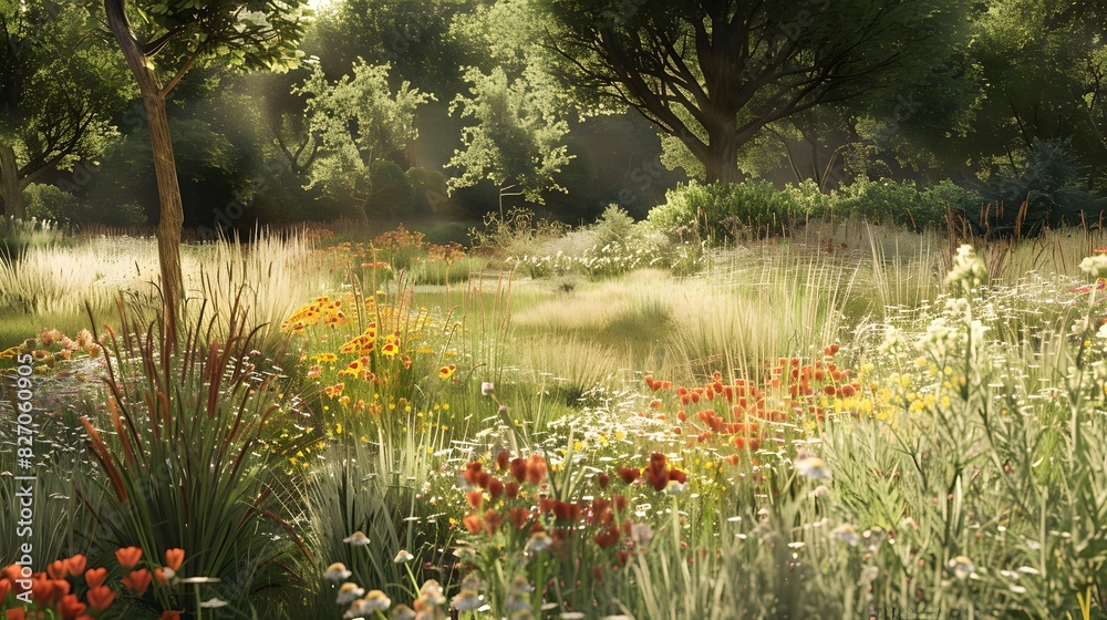 tranquil garden scene with tall ornamental grasses swaying in the ...