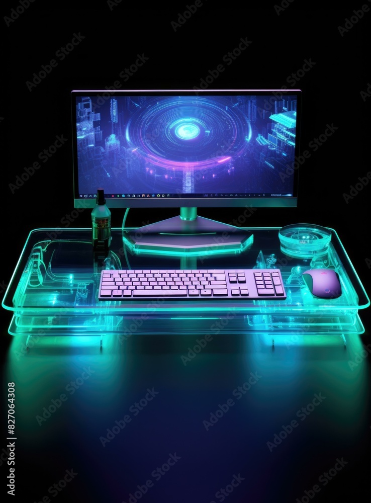 Futuristic gaming setup with transparent computer case and neon lights ...