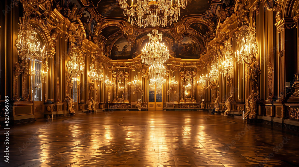 The interior of the Renaissance palace, illuminated by golden chandeliers, exudes elegance and ...