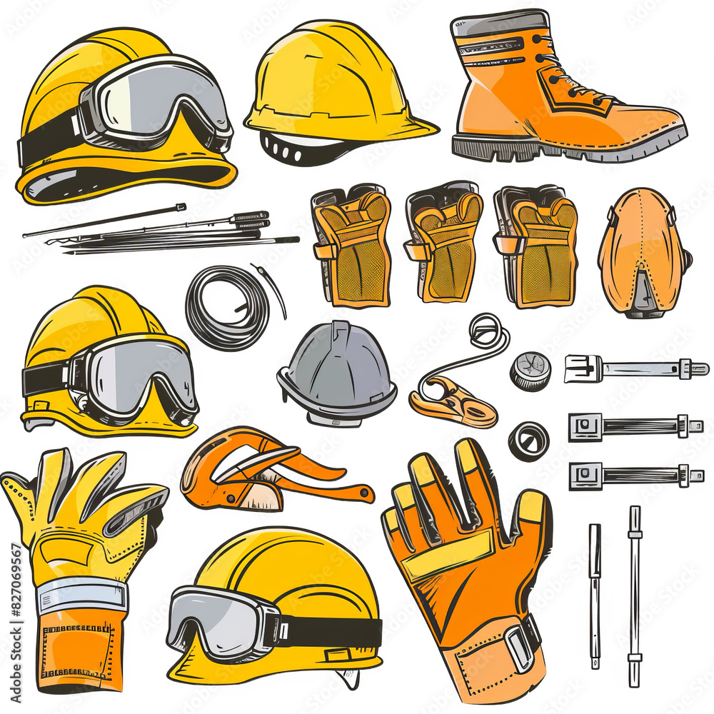 Colorful illustrated set of construction safety equipment including ...