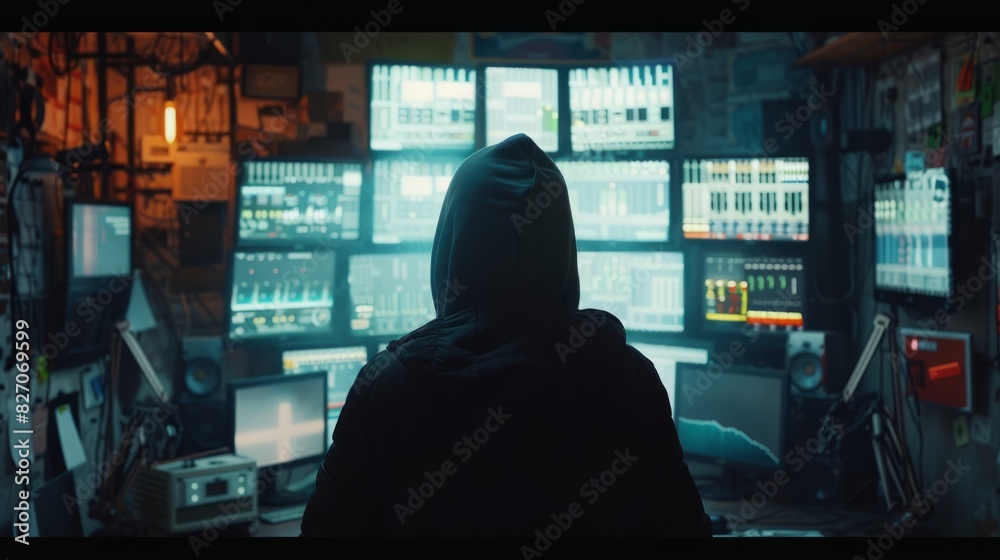 Silhouette of a hooded computer hacker behind multiple displays and ...