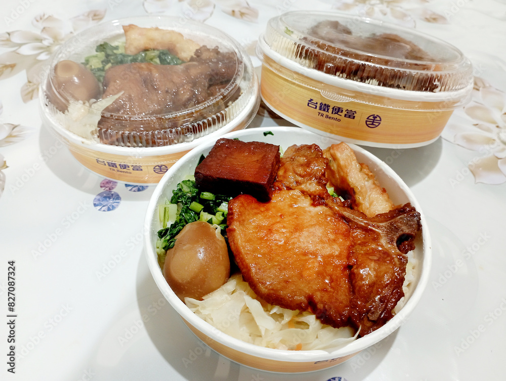 Kaohsiung, Taiwan - May 25, 2024: Taiwan Railway lunch box. Round bento ...