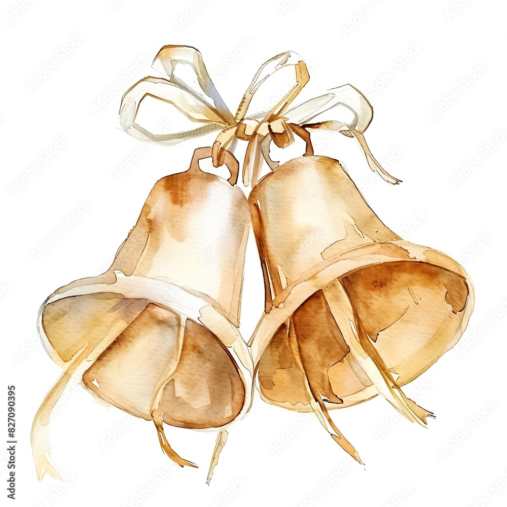 Watercolor painting of two golden wedding bells tied with a cream ...