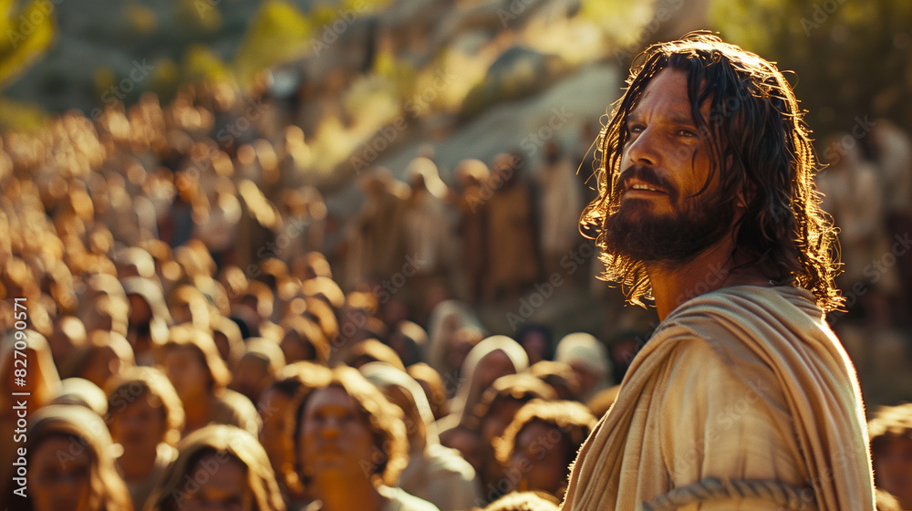 Jesus performing the miracle of feeding the 5000, with loaves and fish ...