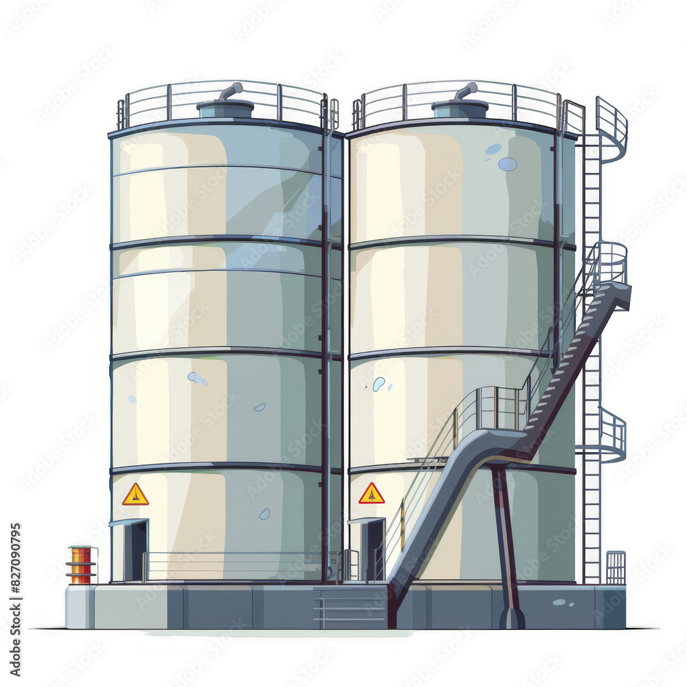 Industrial oil storage tanks with safety signs, showcasing large metal ...