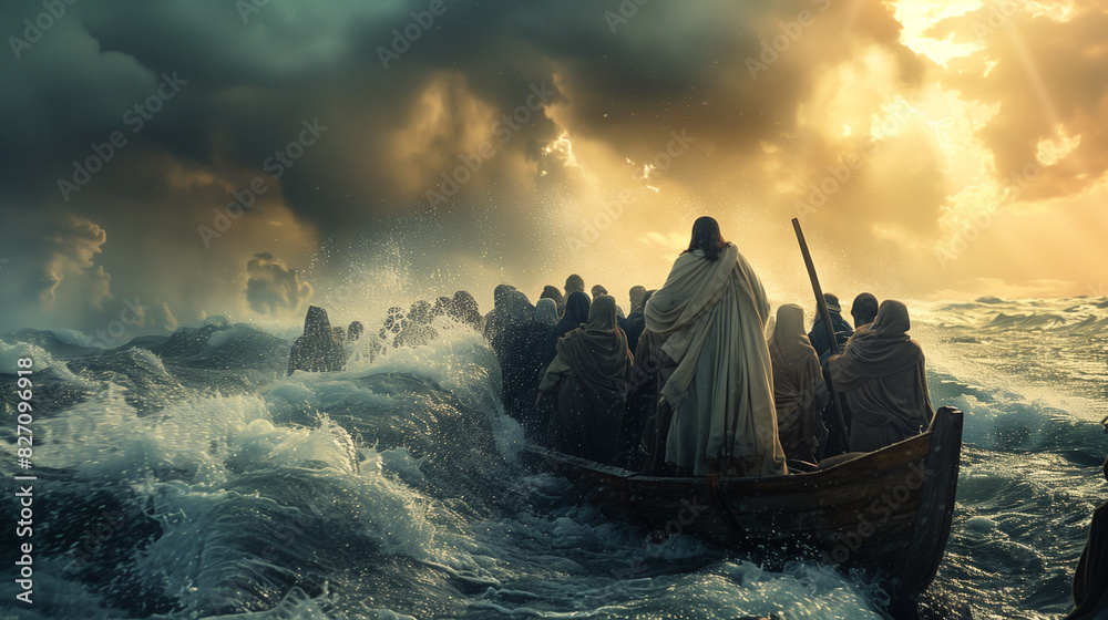 Jesus calming the storm on the Sea of Galilee, standing at the bow of a ...
