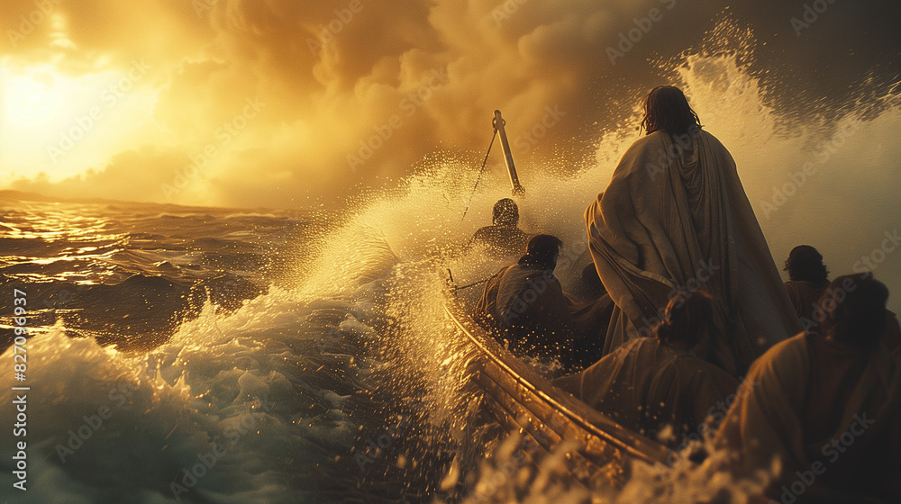 Jesus calming the storm on the Sea of Galilee, standing at the bow of a ...