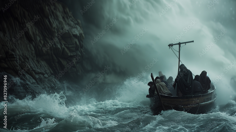 Jesus calming the storm on the Sea of Galilee, standing at the bow of a ...