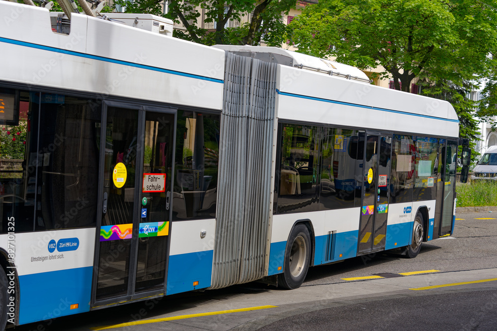 Driving school trolley bus at bus station named Milchbuck at Swiss City ...
