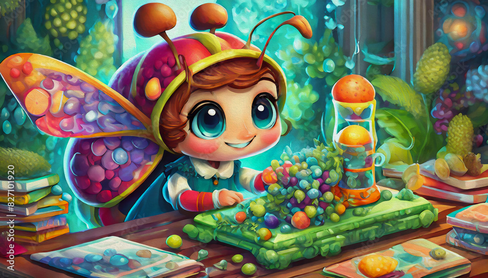 oil painting style CARTOON CHARACTER cute lady bug Inventor Works on a ...