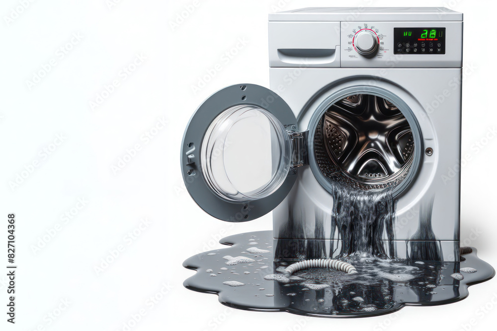 washing machine is broken and leaking, a puddle under the washing ...