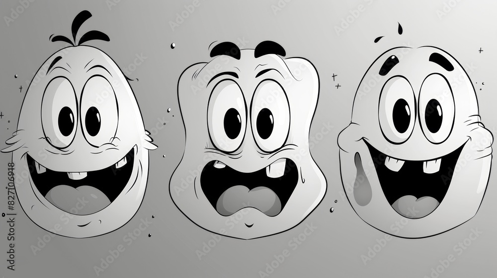 Graphite seamless pattern with retro cartoon character face. Black and ...