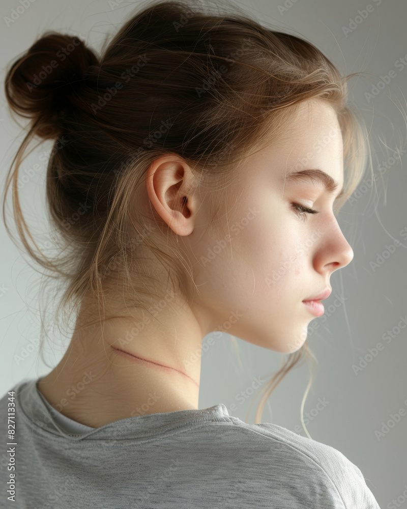 Insurance company professional studio photo of a young woman's injury ...