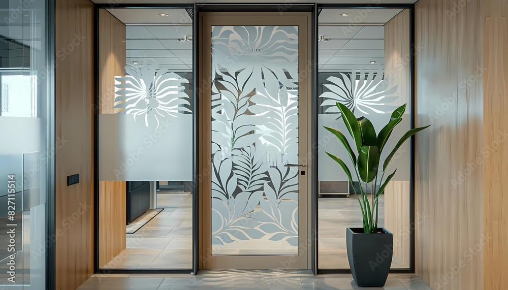 Picture a flat design of a glass door with a companys name and logo in ...