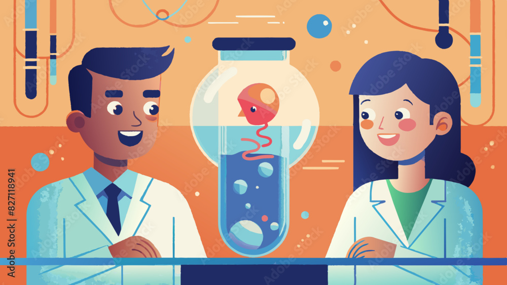 Cartoon Scientists Observing Experiment with Bubbling Flask and Fish ...