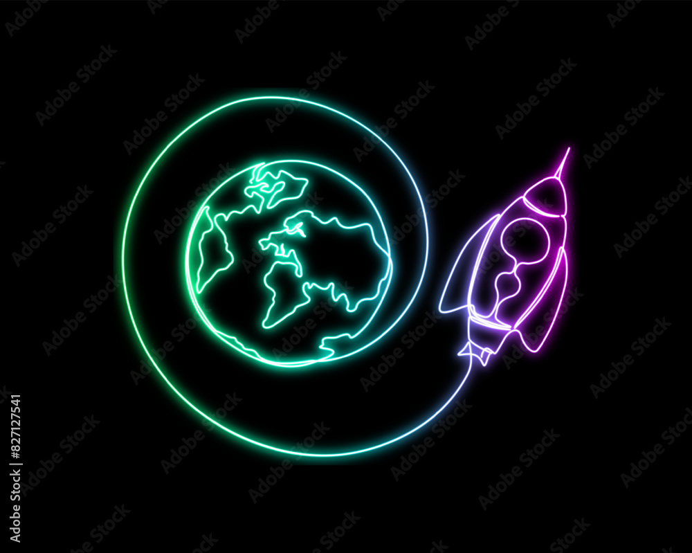 Neon light effect. Rocket ship take of from earth outline. Continuous ...