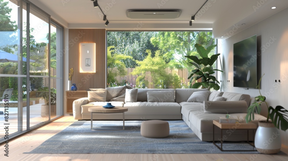 AIpowered smart home devices in a modern living room, clear wall for ...