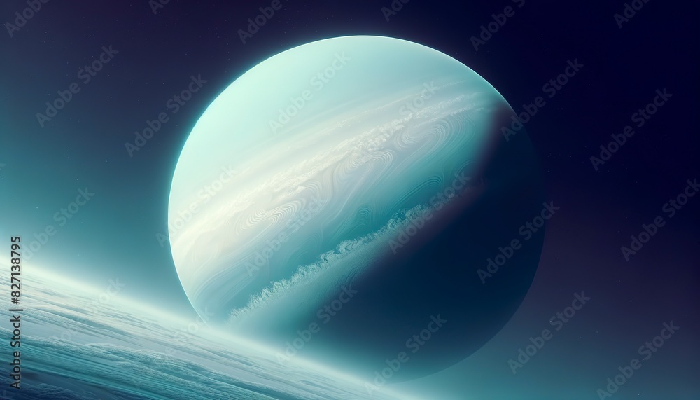 Uranus' icy atmosphere, featuring a pale cyan color with detailed bands of clouds. The scene ...