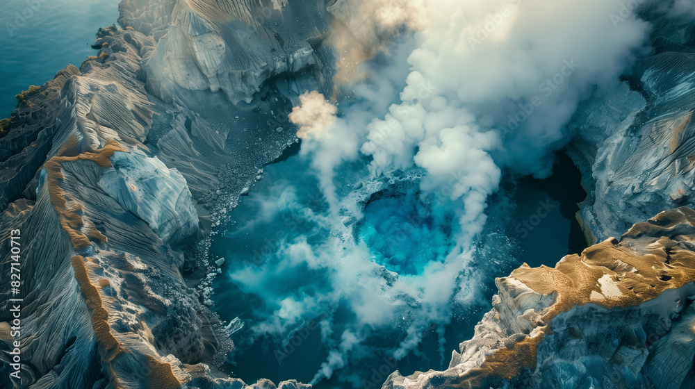 An aerial view of a geothermal landscape featuring a steaming volcanic ...