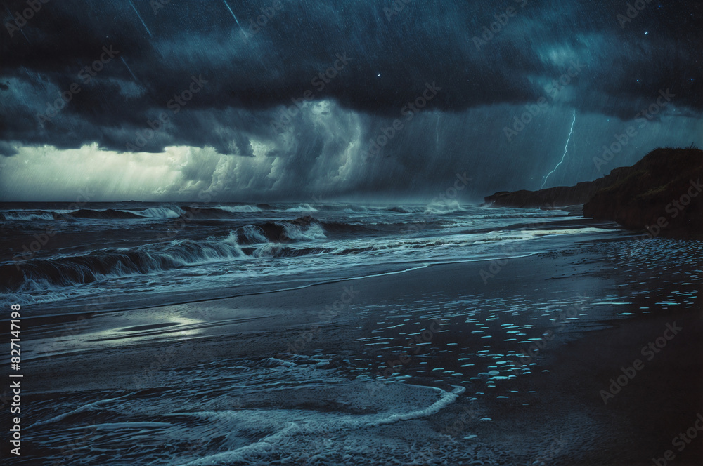 Stormy sea with crashing waves and heavy rain at night near a pier ...