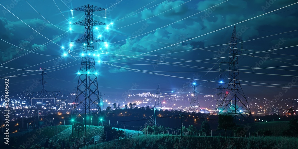 Tall electricity transmission tower with illuminated power line ...