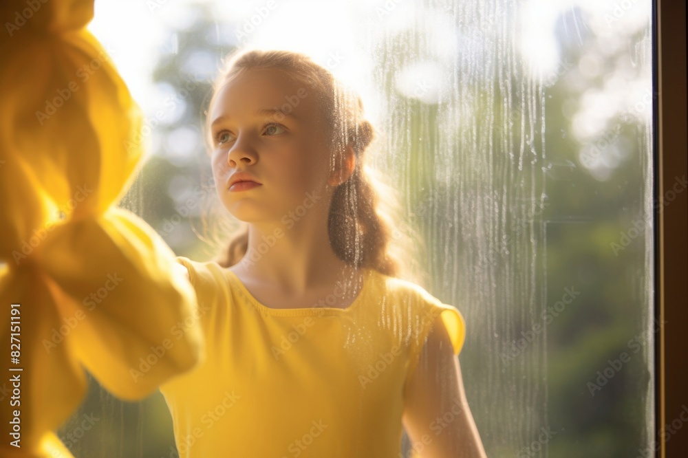 blurred motion of a teenage girl washing window with sponge and soapy ...