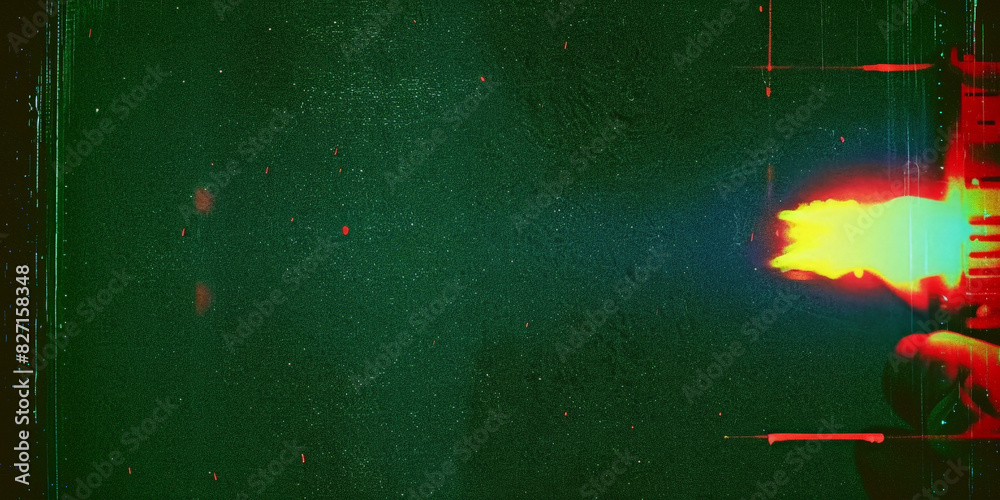 A VHS vhs screen grab of green background with yellow, red and blue ...