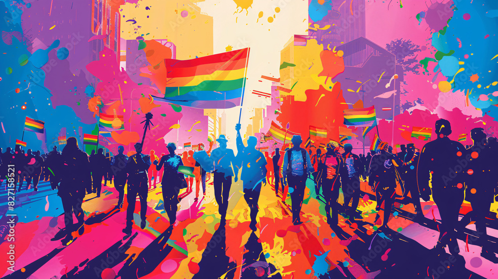 Vector design of an LGBTQ+ pride march with vibrant colors and symbols ...