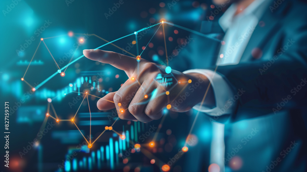 A man is pointing at a graph on a computer screen. The graph shows a ...