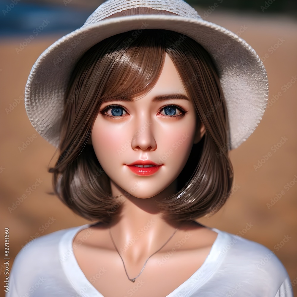 There is a woman with blue eyes, a white face, a sharp nose, yellow hair, a cute hat, small red ...