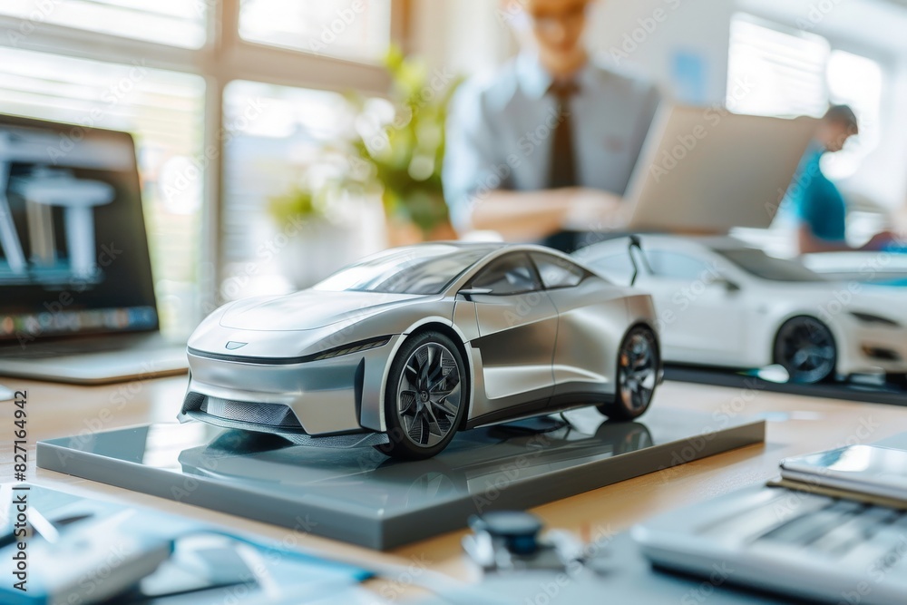 Focus scale EV car and charging station mockup model on blurred ...
