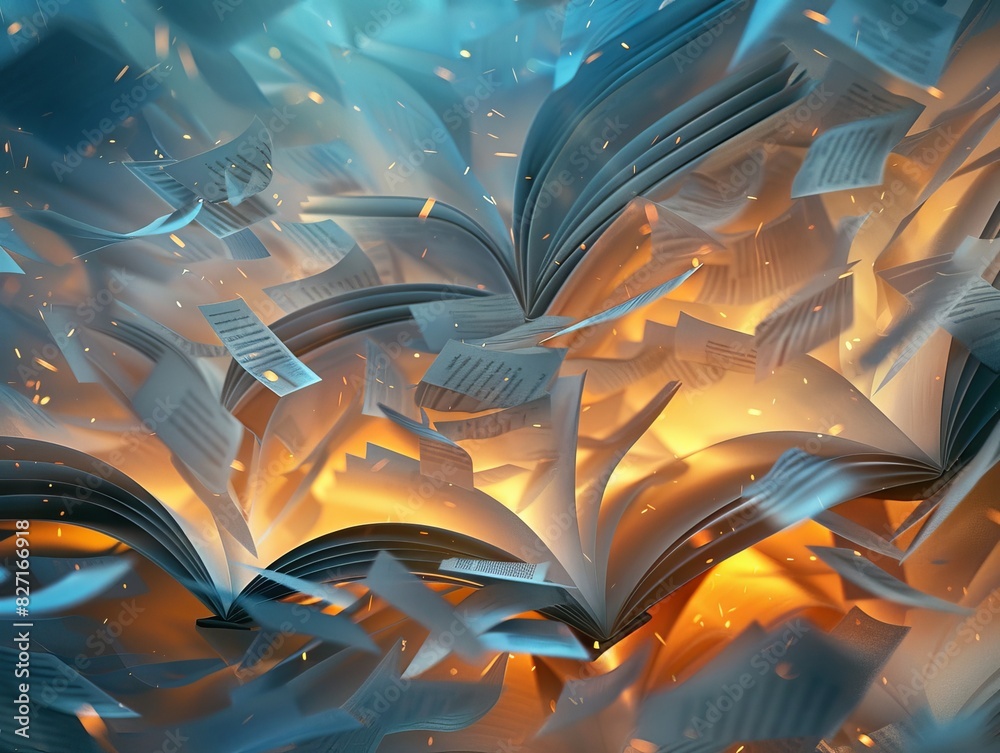Design a digital artwork with a dynamic 3D rendering of fluttering book ...